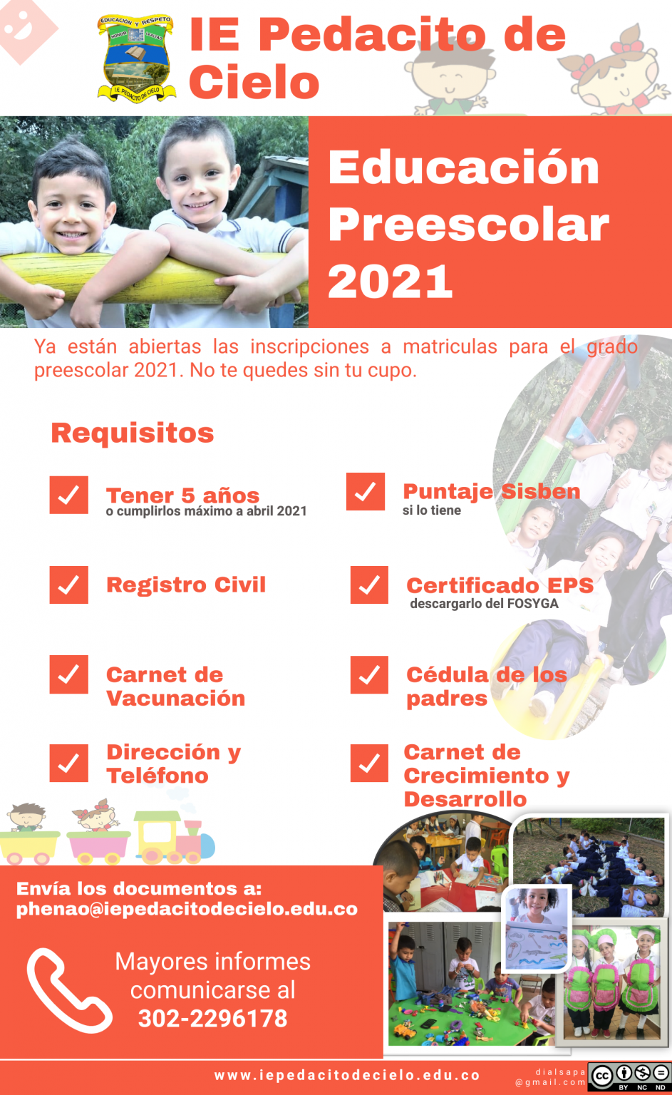 Abiertas Matriculas Preescolar 2021 – I.E. Pedacito de Cielo